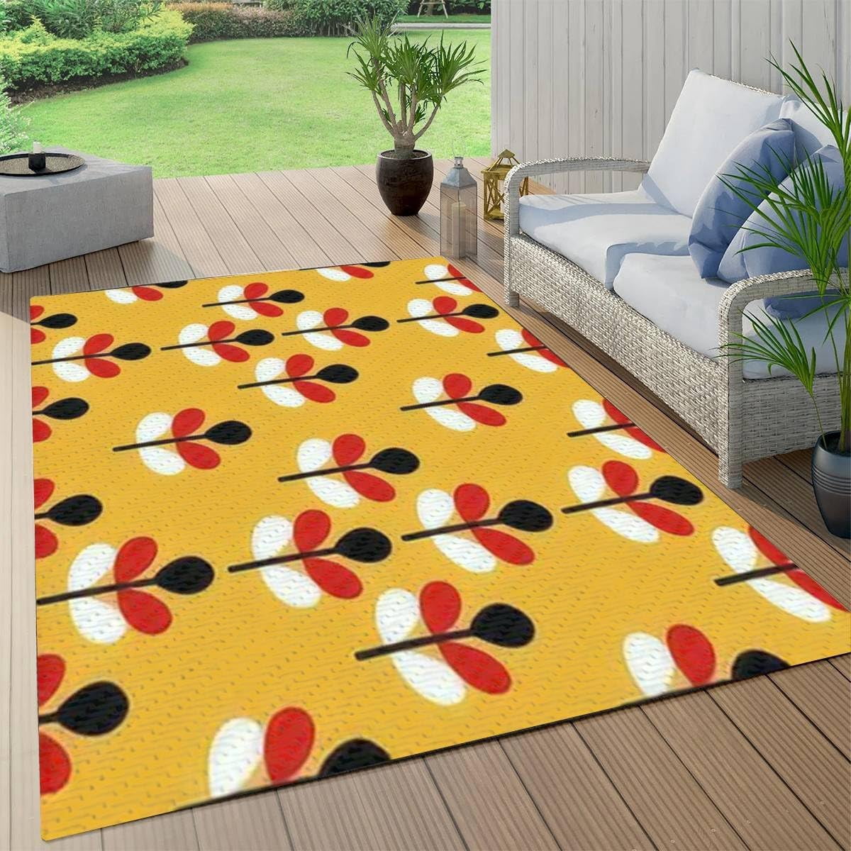 Outdoor Area Rug Simple Flowers Mid Century Geometrical Design Vintage ...