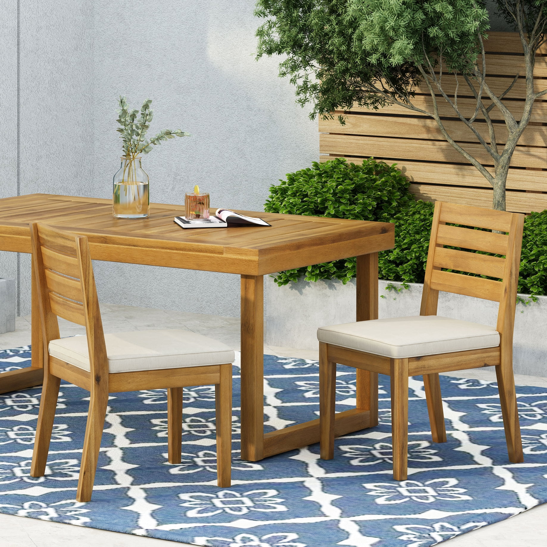 Outdoor Armless Dining Chair Of 2 With Cushions, Natural And Beige ...