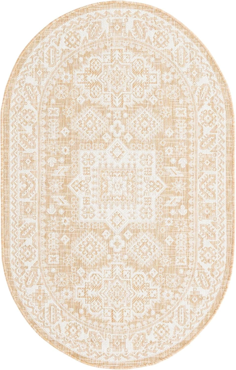 Outdoor Aztec Collection Rug – 3' x 5' Oval Natural Flatweave Rug ...