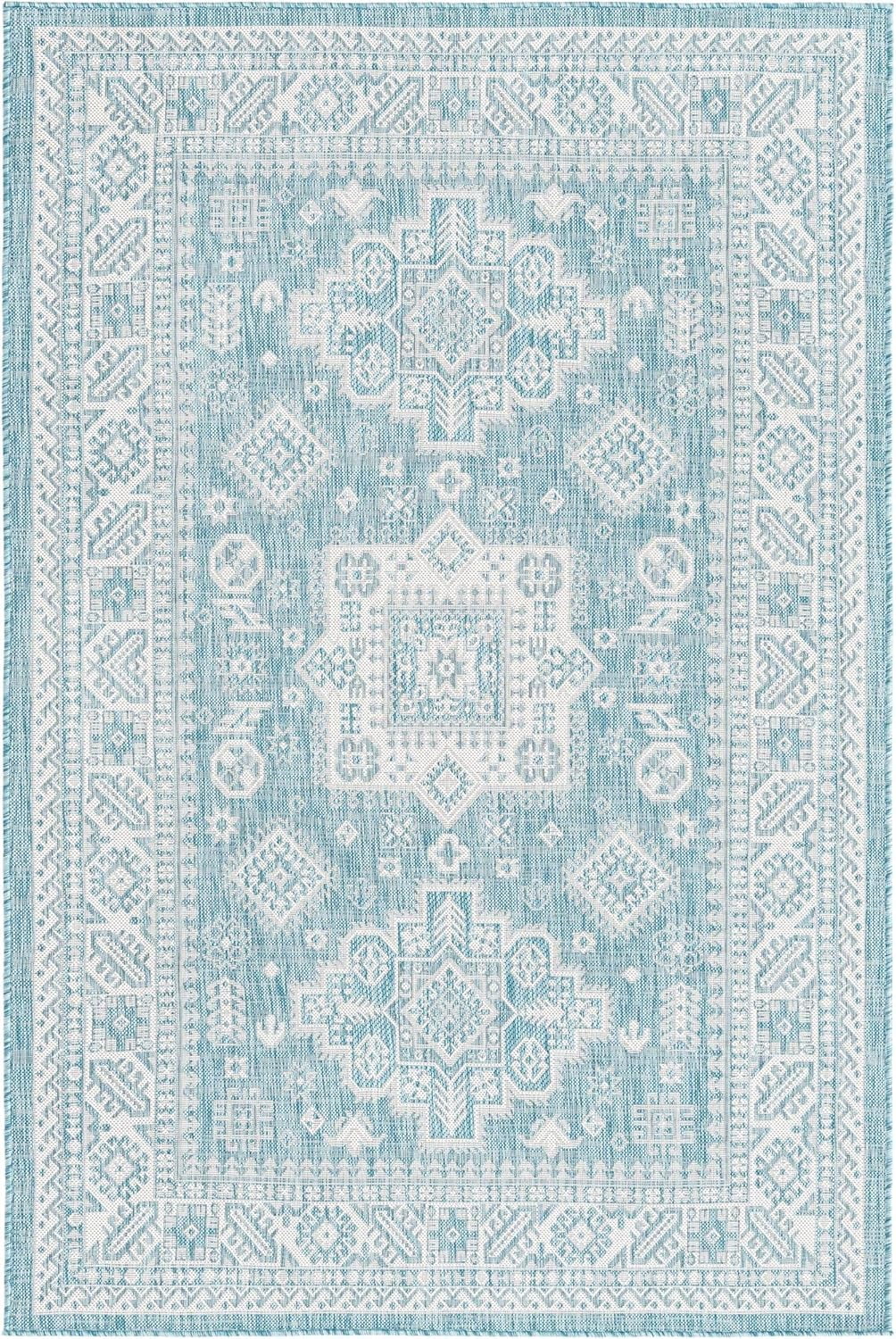 Outdoor Aztec Collection Rug – 5' x 8' Aqua Flatweave Rug Perfect for ...