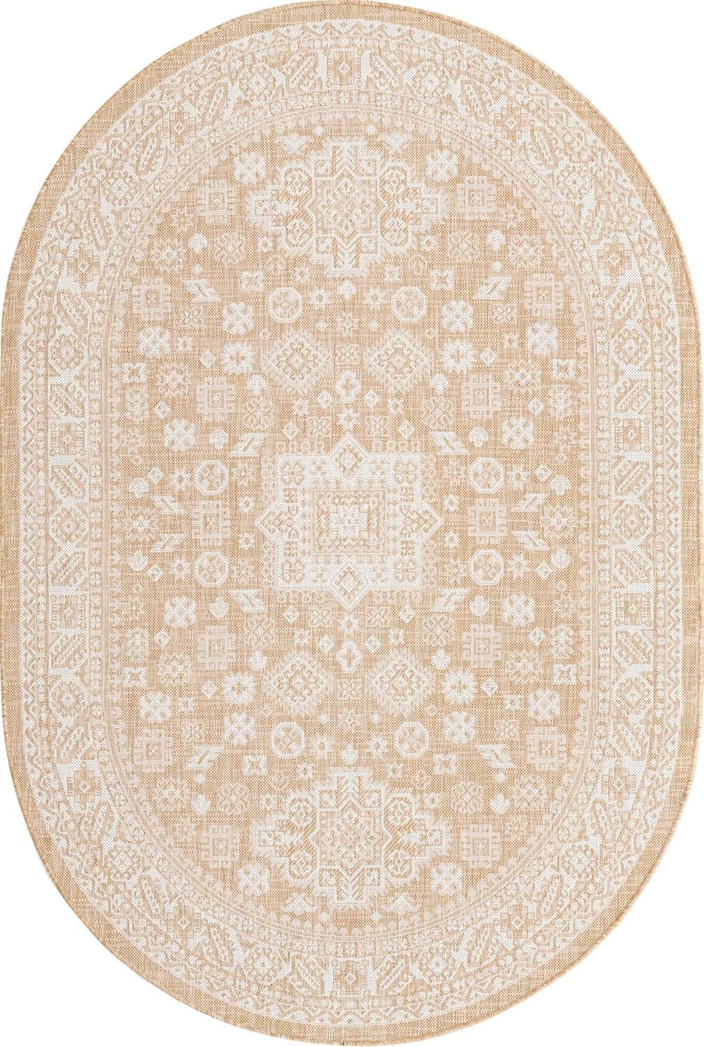Outdoor Aztec Collection Rug – 5' x 8' Oval Natural Flatweave Rug ...