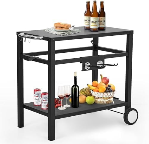 Outdoor BBQ Table Removable BBQ Prep Table with Wheels, Hooks and Side ...