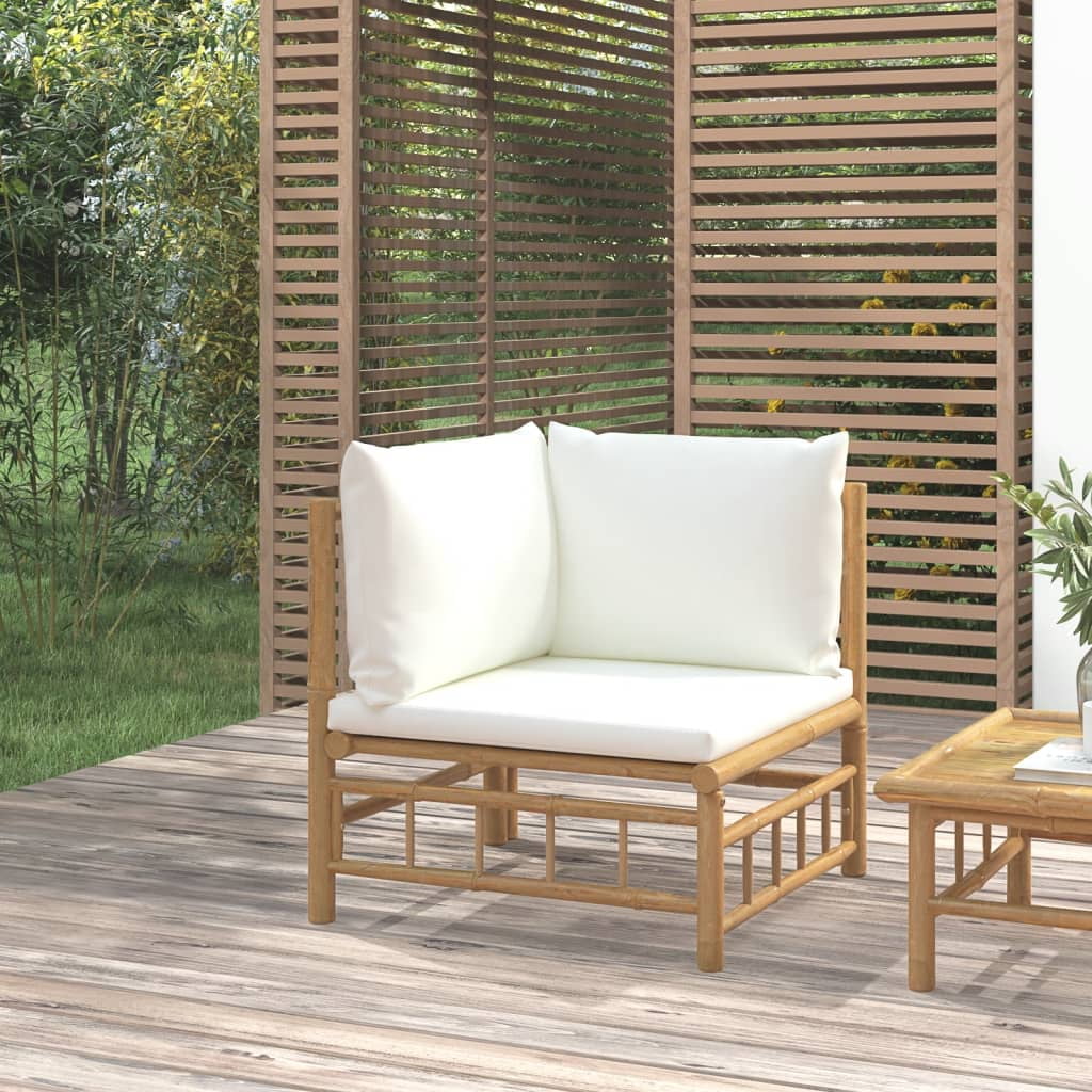 Outdoor Bamboo Patio Corner Sofa Set with Plush Cream White Cushions ...