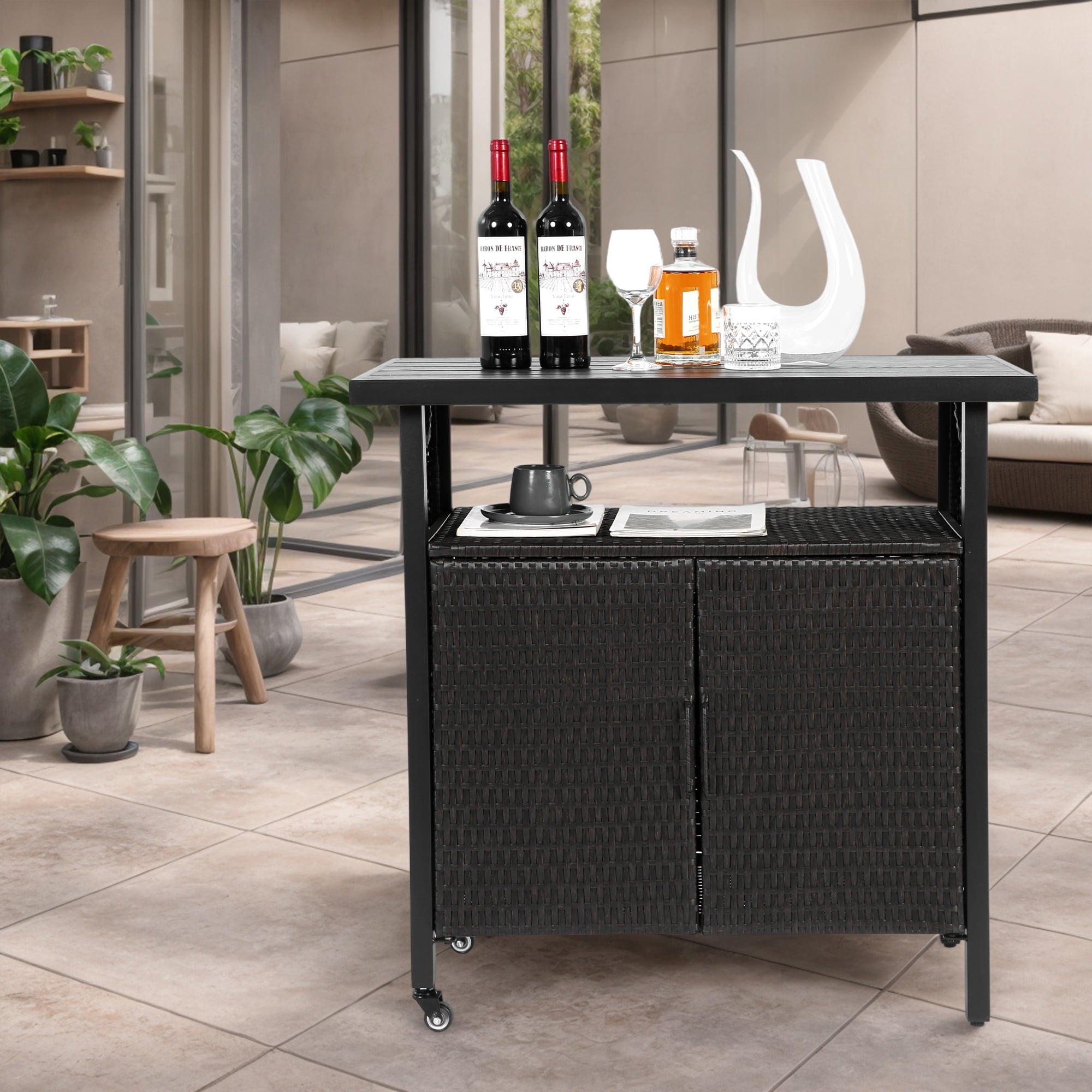 Outdoor Bar Cart,Patio Wicker Wine Serving Cart with Wheels,Rolling ...