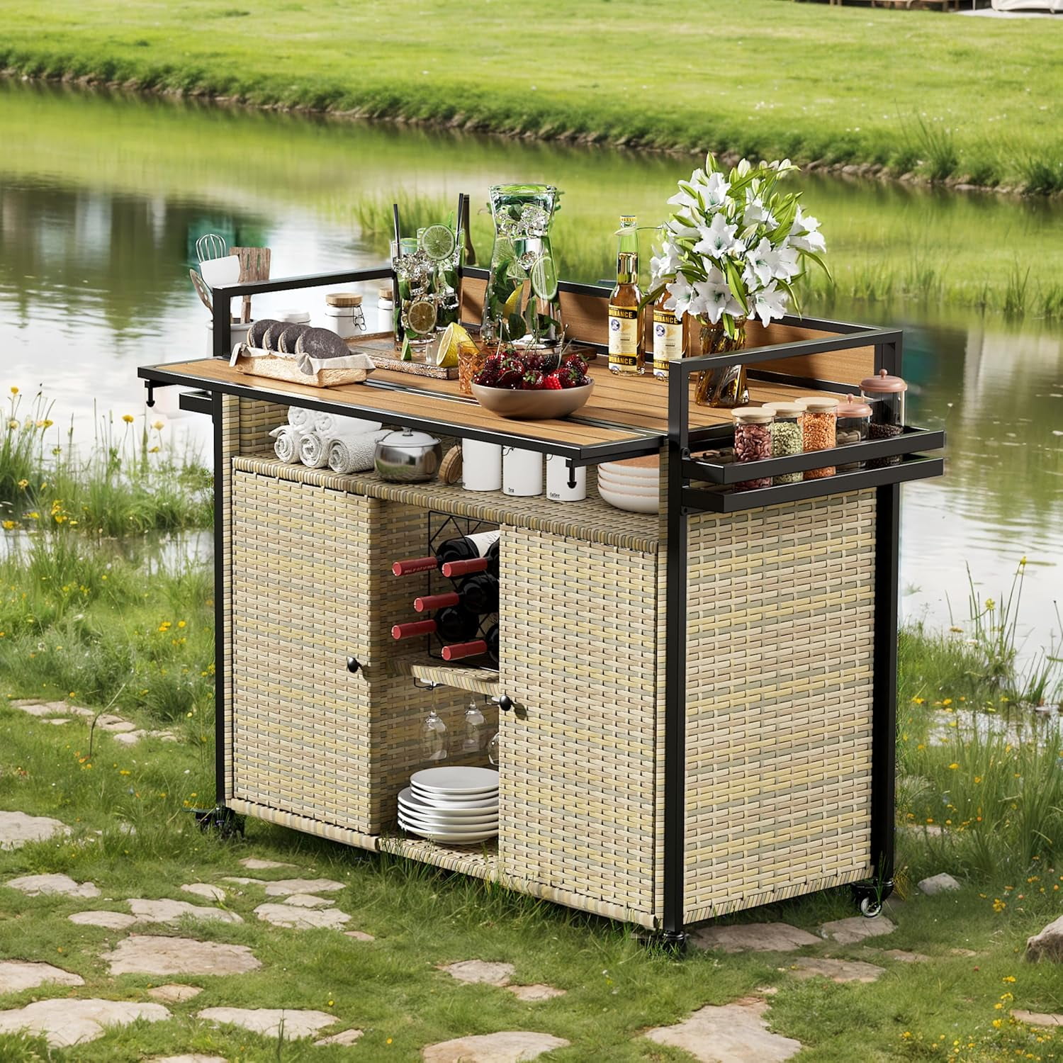 Outdoor Bar Cart, Rattan Buffet Cabinet with Storage,Outdoor Kitchen ...