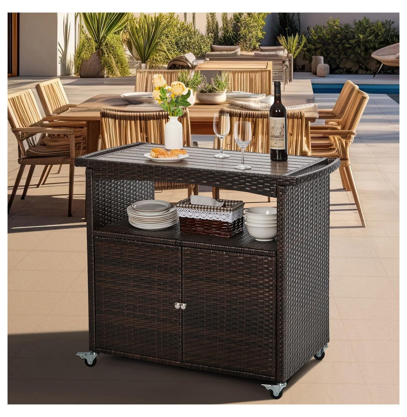 Outdoor Bar Cart with Storage Cabinet Patio Wicker Sideboard Buffet ...