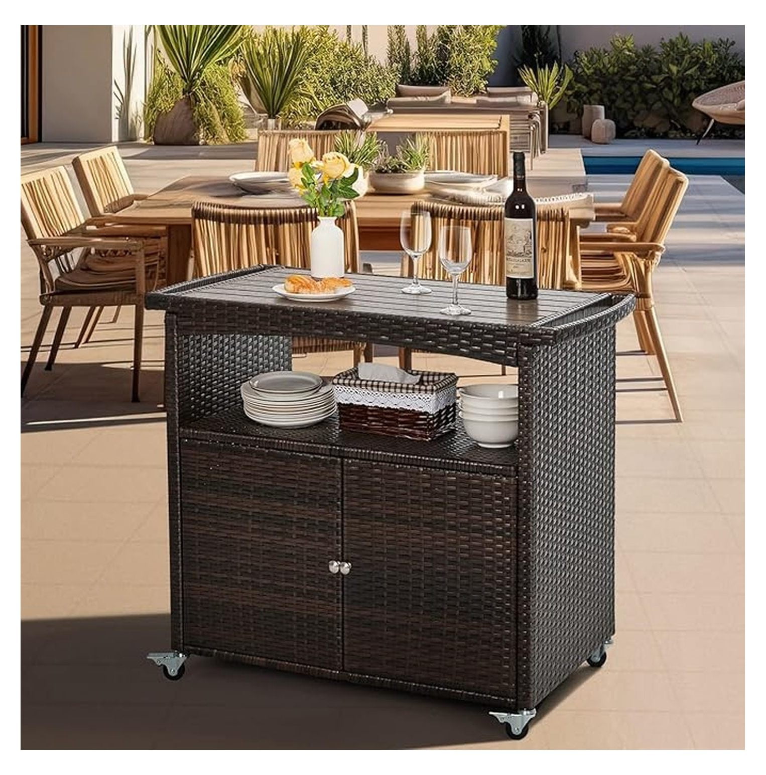 Outdoor Bar Cart with Storage Cabinet Patio Wicker Sideboard Buffet ...