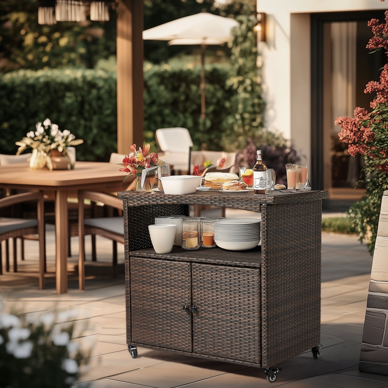 Outdoor Bar Cart with Storage Cabinet – Patio Wicker Sideboard Buffet ...