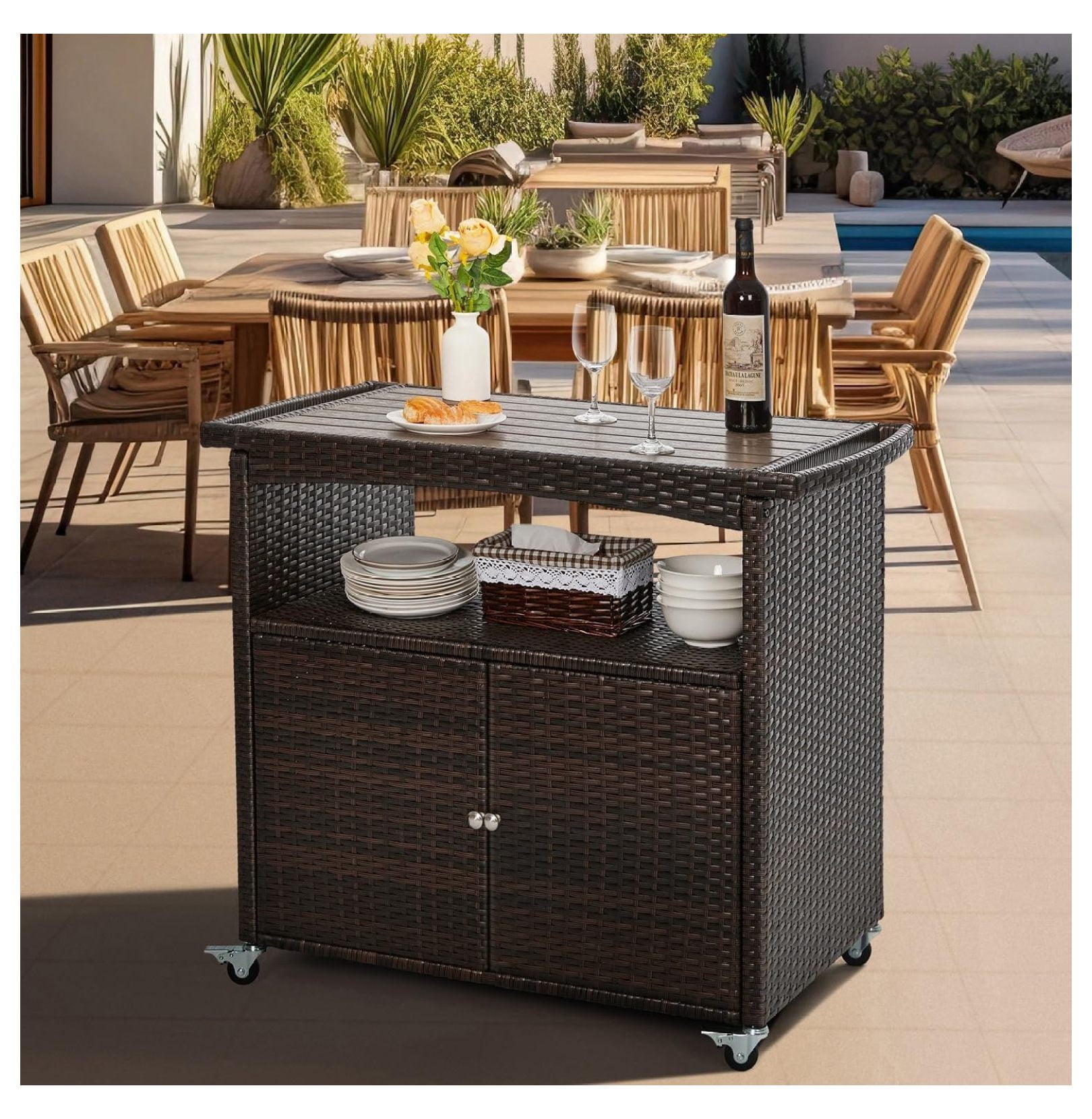 Outdoor Bar Cart with Storage Cabinet Patio Wicker Sideboard Buffet ...