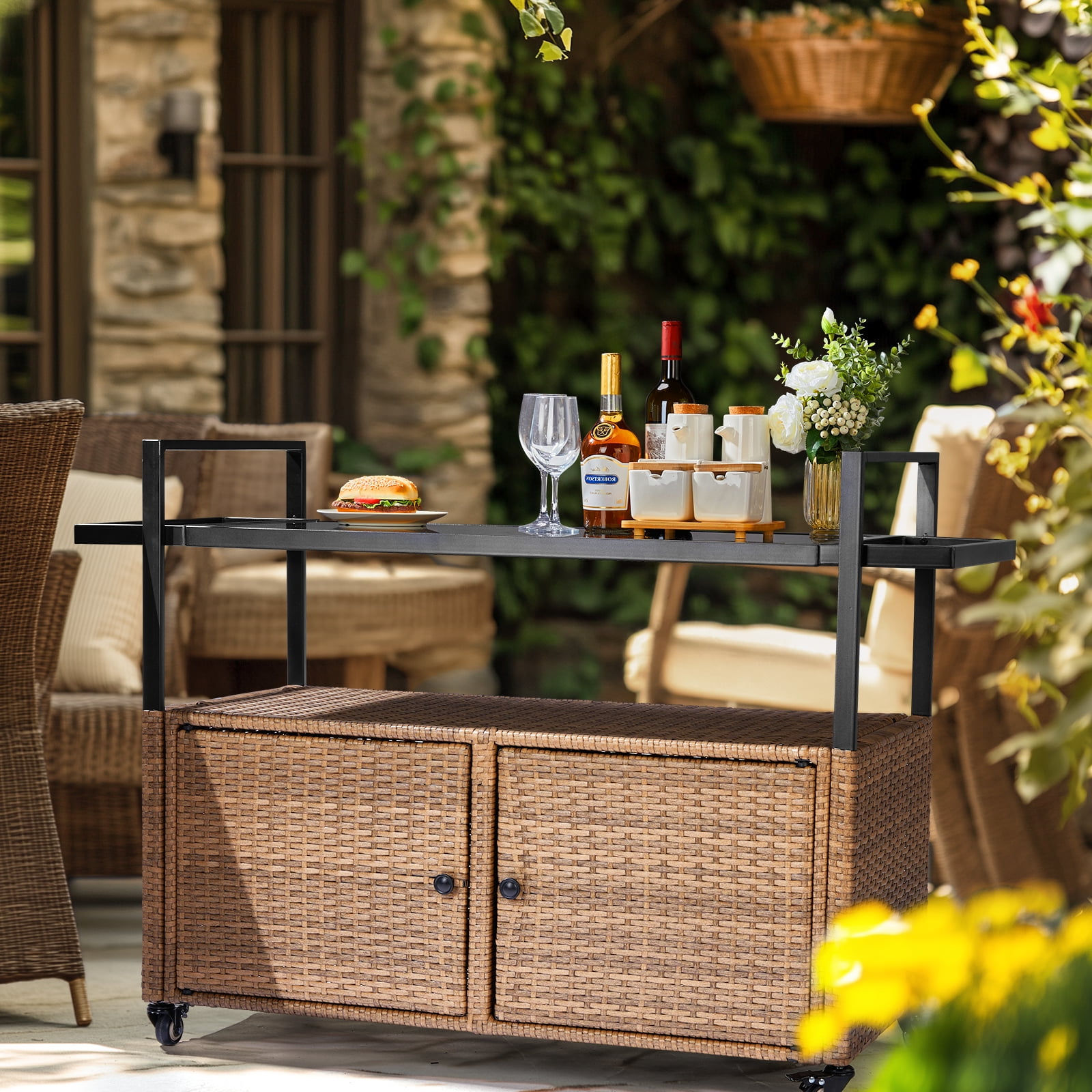 Outdoor Bar Cart Table, Large Wicker Island Rolling Cart, Wheeled ...