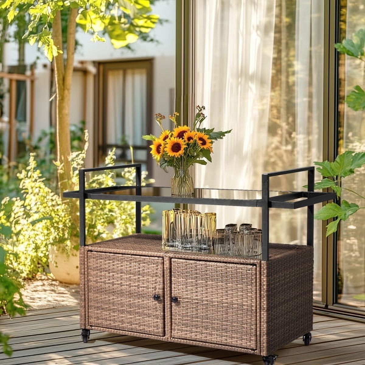 Outdoor Bar Cart Table, Large Wicker Island Rolling Cart, Wheeled ...