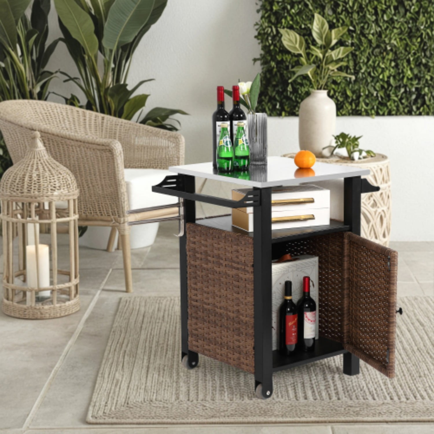 Outdoor Bar Cart with Wheels, Prep Table With Storage Cabinet And ...