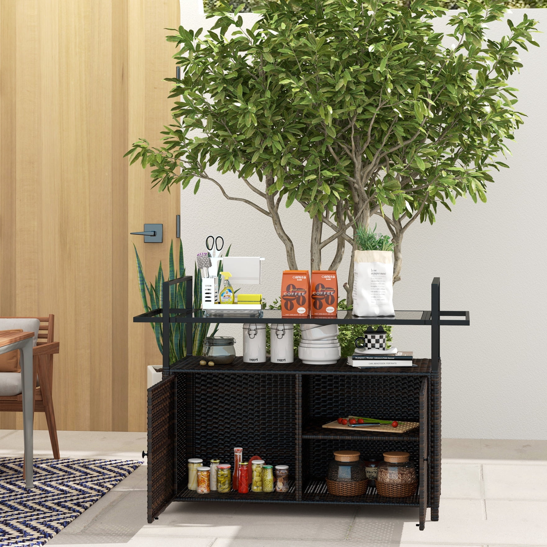 Outdoor Bar Carts Storage Cabinet, PE Rattan Outside Bar Table w/Wheels ...