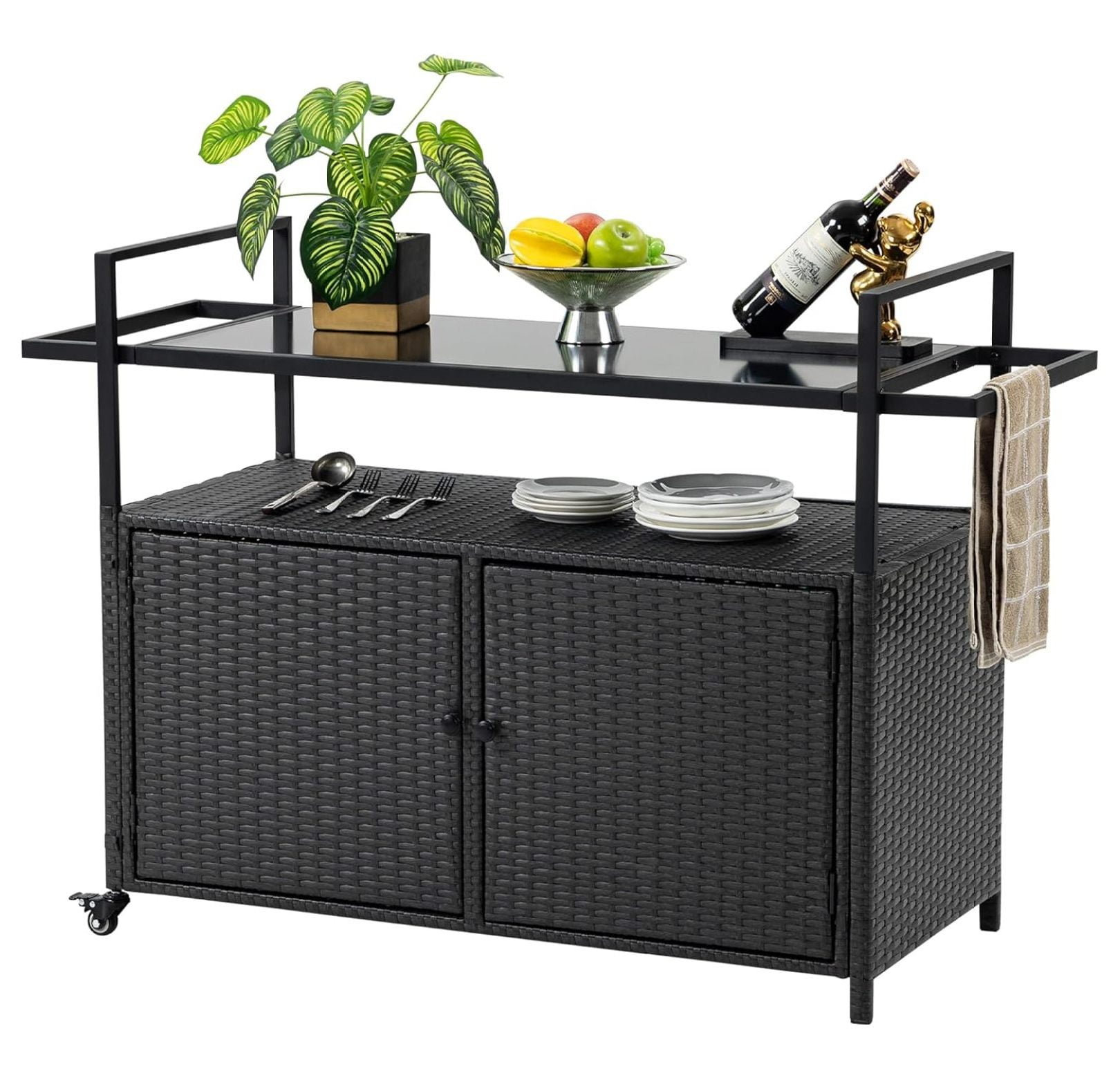 Outdoor Bar Carts with Storage Cabinet - BBQ Grill Cart with Wheels ...