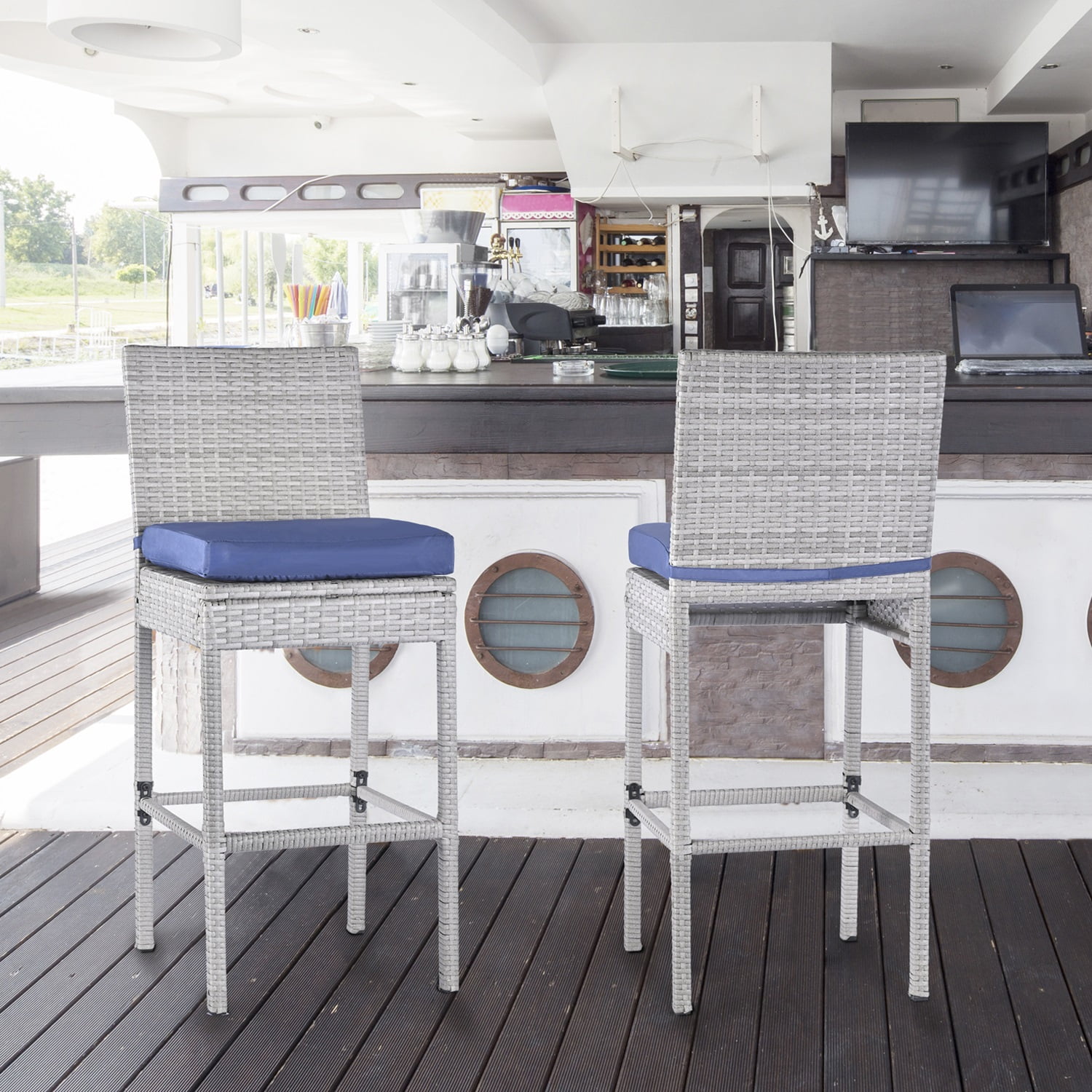 Outdoor Bar Stools Set of 2 Wicker Counter Height Bar Stools Patio ...