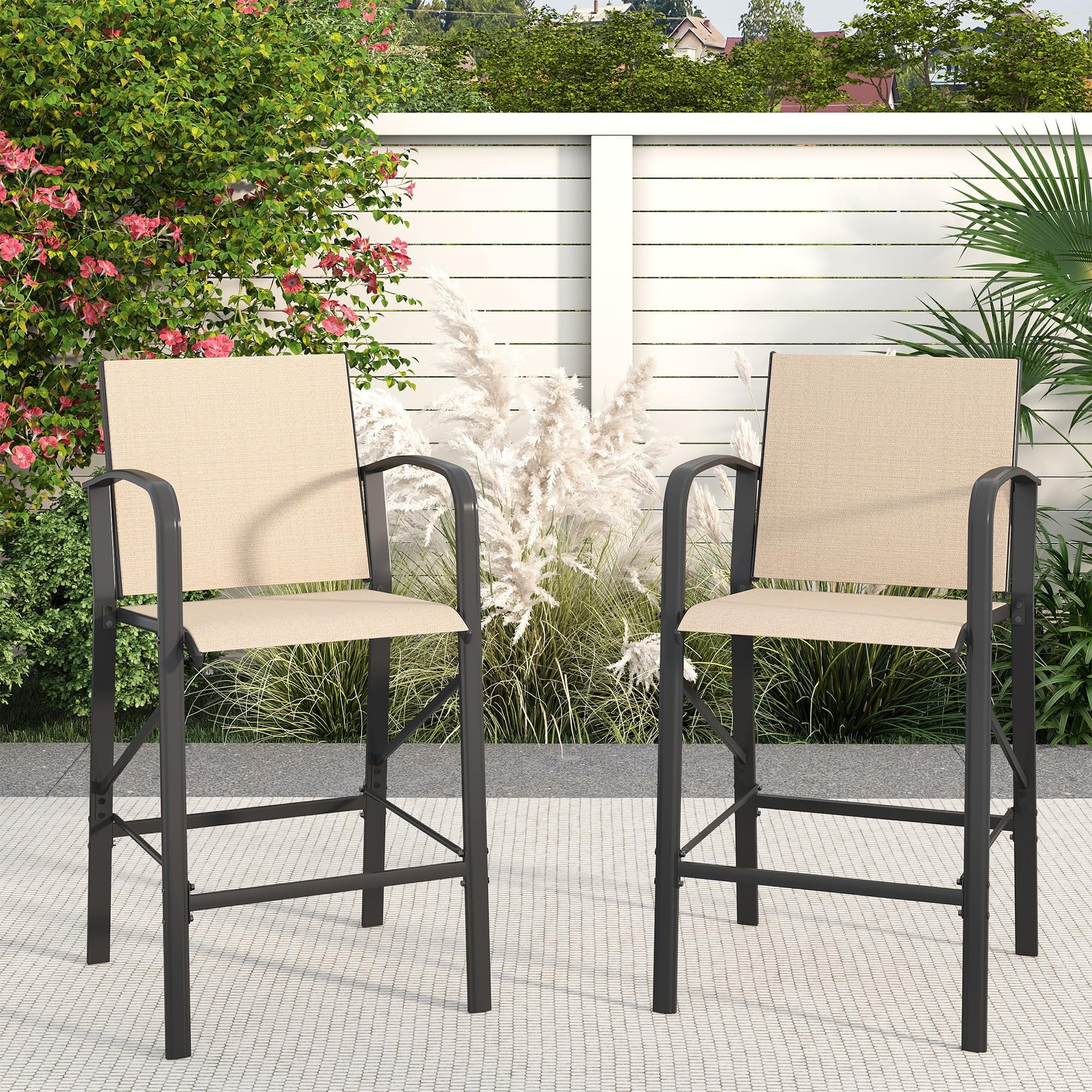 Outdoor Bar Stools Set of 2, Bar Height Outdoor Chairs with Back and ...