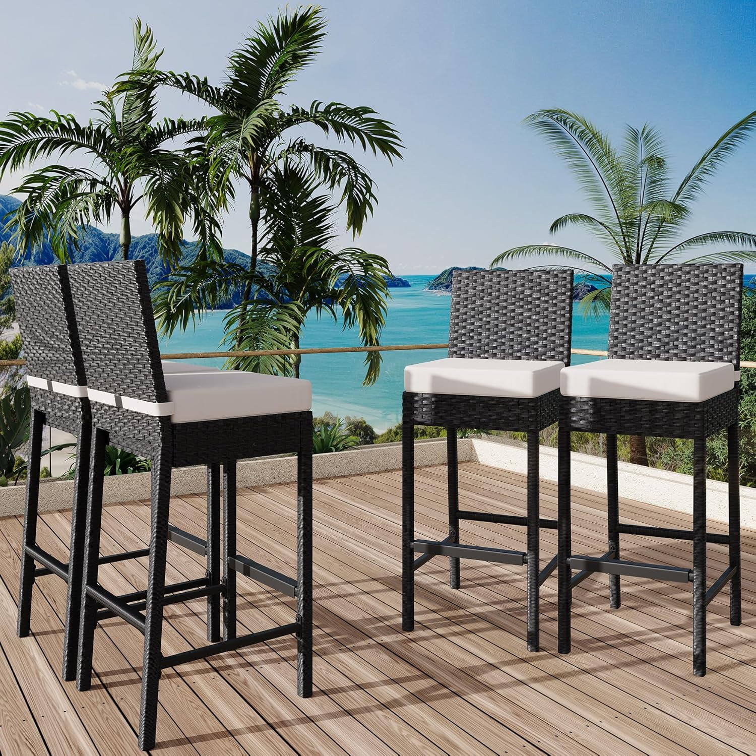 Outdoor Bar Stools Set of 2,Outdoor Rattan Bar Height Stool Set Armless ...