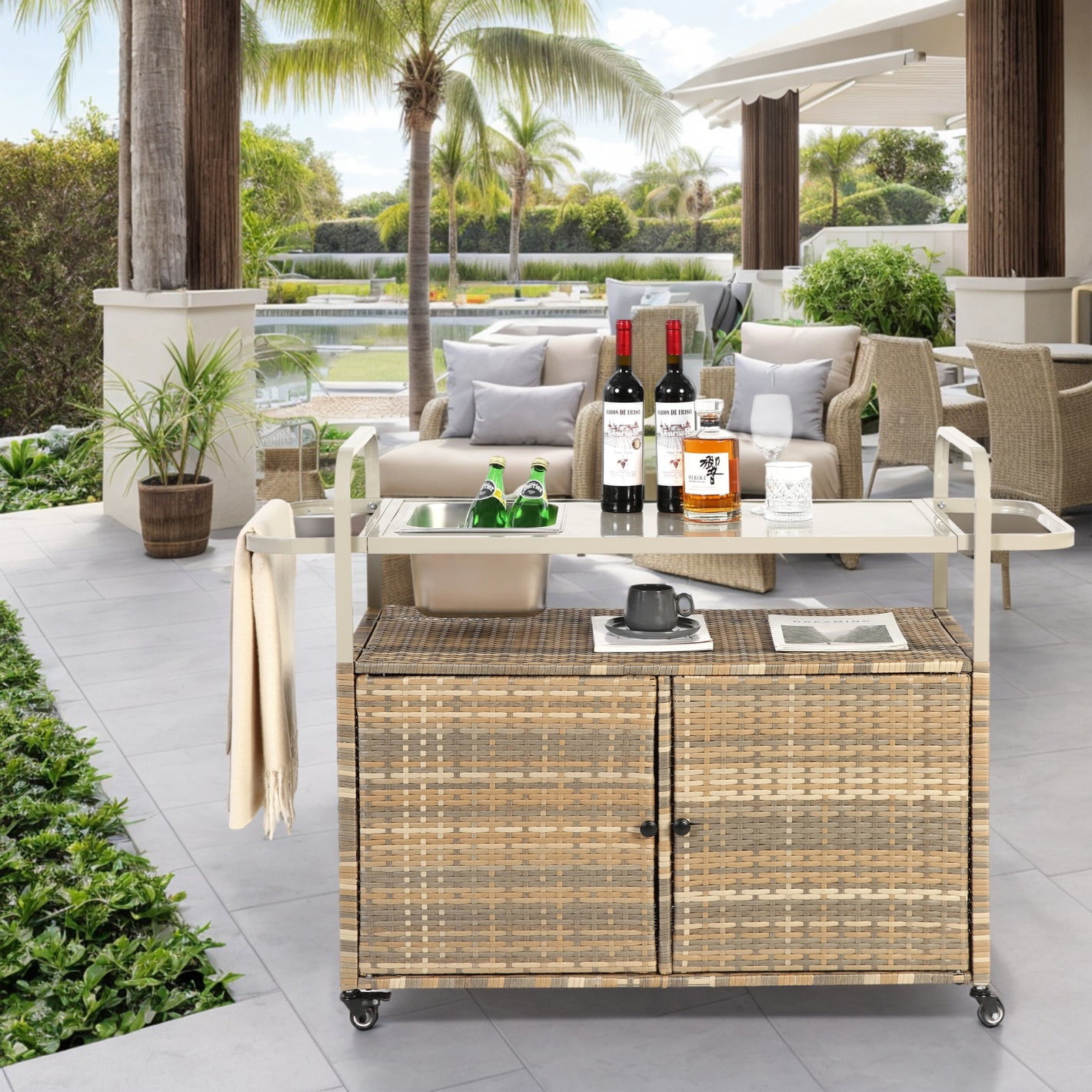 Outdoor Bar Table, Wicker Bar Cart with Cabinet & Lockable Wheels ...