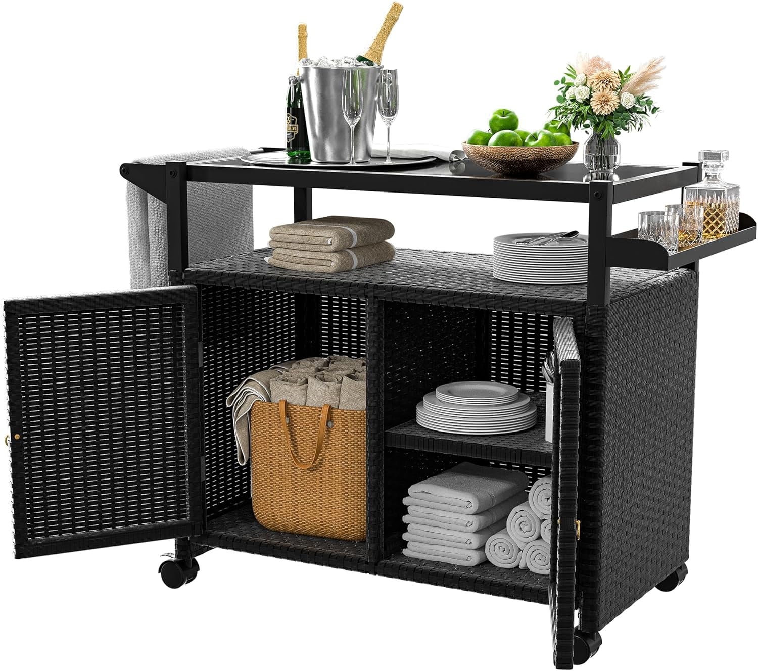 Outdoor Bar Table, Wicker Bar Cart with Cabinet, Patio Serving Cart ...