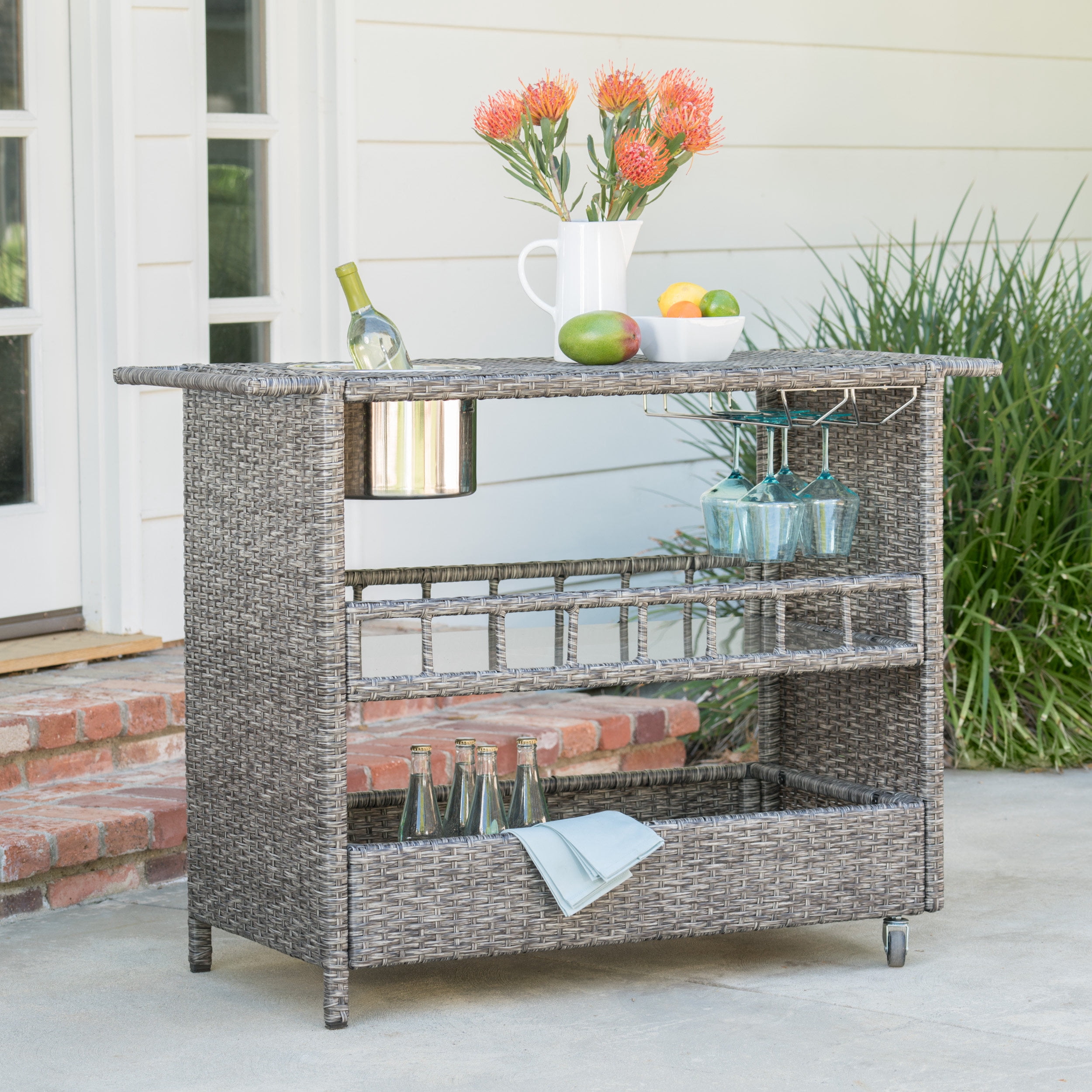 Outdoor Bar Table, Wicker Bar Cart with Cabinet, Patio Serving Cart ...