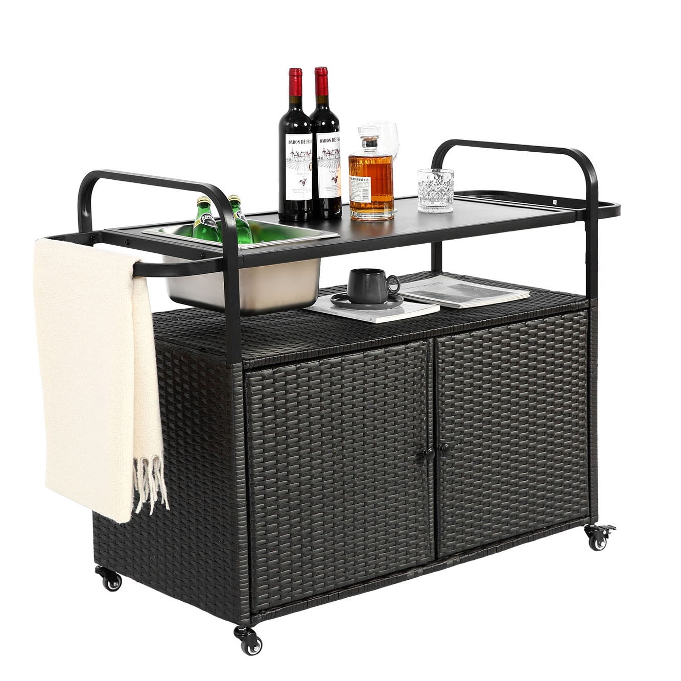 Outdoor Bar Table With Lockable Wheels, Steel Top & Wicker Cabinet ...