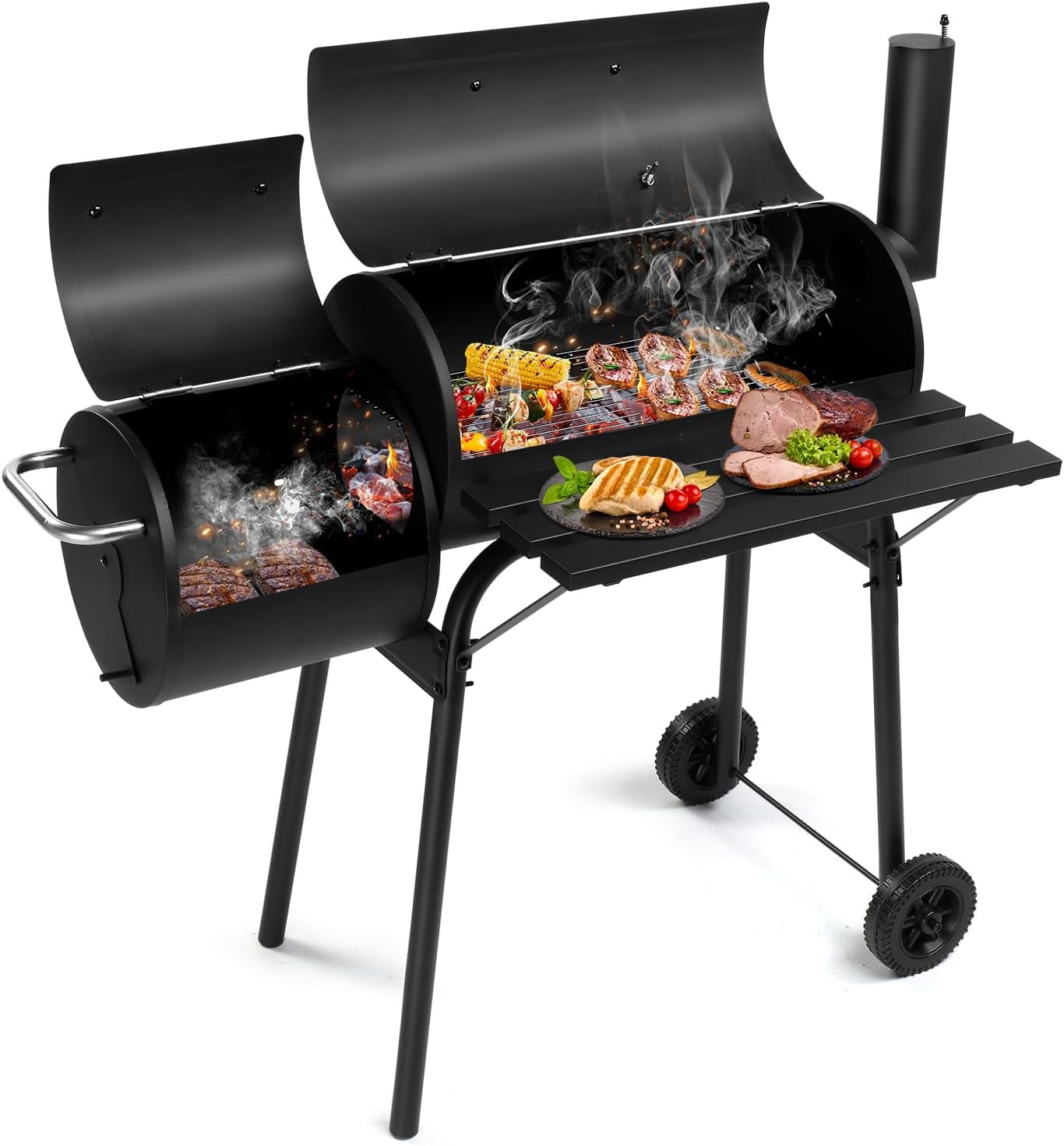 Outdoor Barrel BBQ Grill,Barrel Charcoal Grill with Offset Smoker, All ...