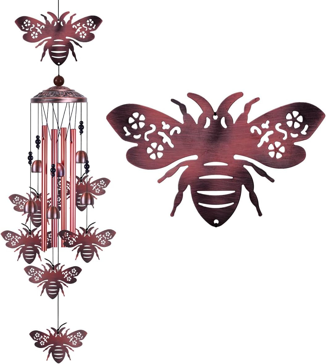 Outdoor Bee Wind Chimes Gifts for Mom - with 4 Tubes 6 Bells 7 Bees ...