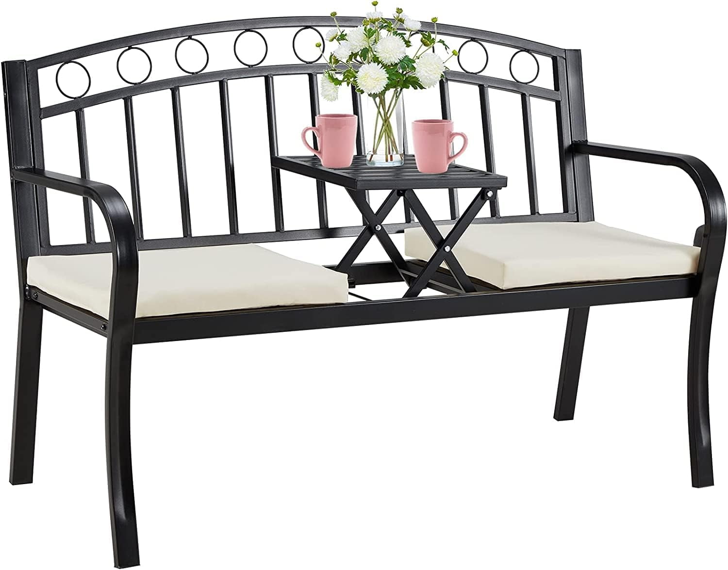 Outdoor Bench, 2-Person Garden Bench for Outside, Metal Frame Patio ...