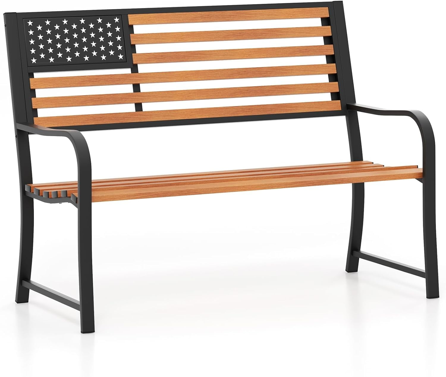 Outdoor Bench, 2-Person Metal Garden Bench with American Flag Backrest ...