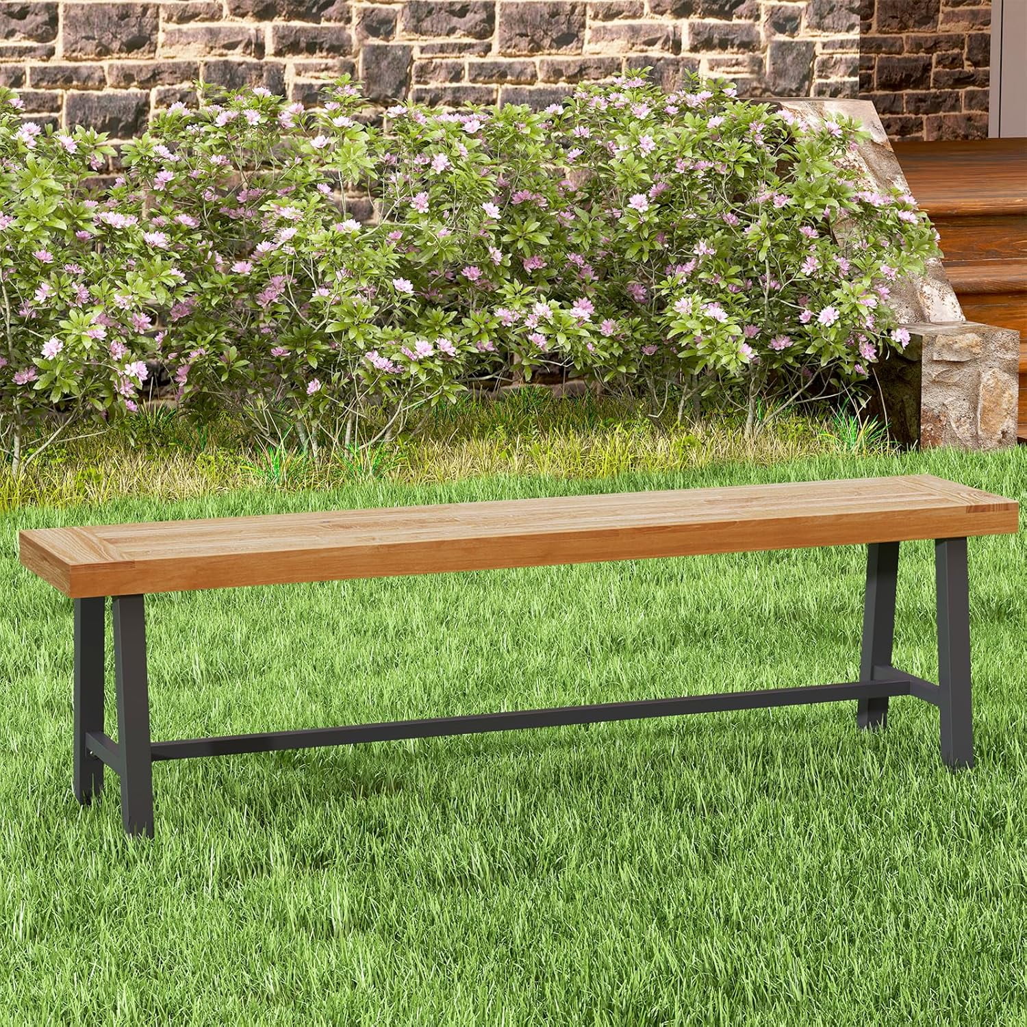 Outdoor Bench Garden Bench, 63" Backless Acacia Wood Bench with Heavy ...