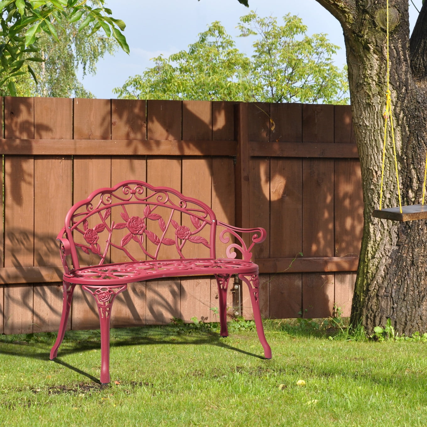 Outdoor Bench, Metal Bench Chair with Curved Design and Rose Pattern ...
