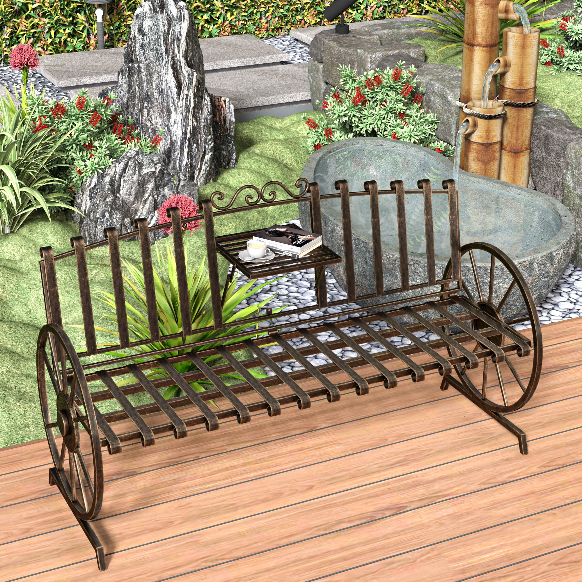 Outdoor Bench Patio, Metal Garden Bench with Built-in Table, 3-Person ...