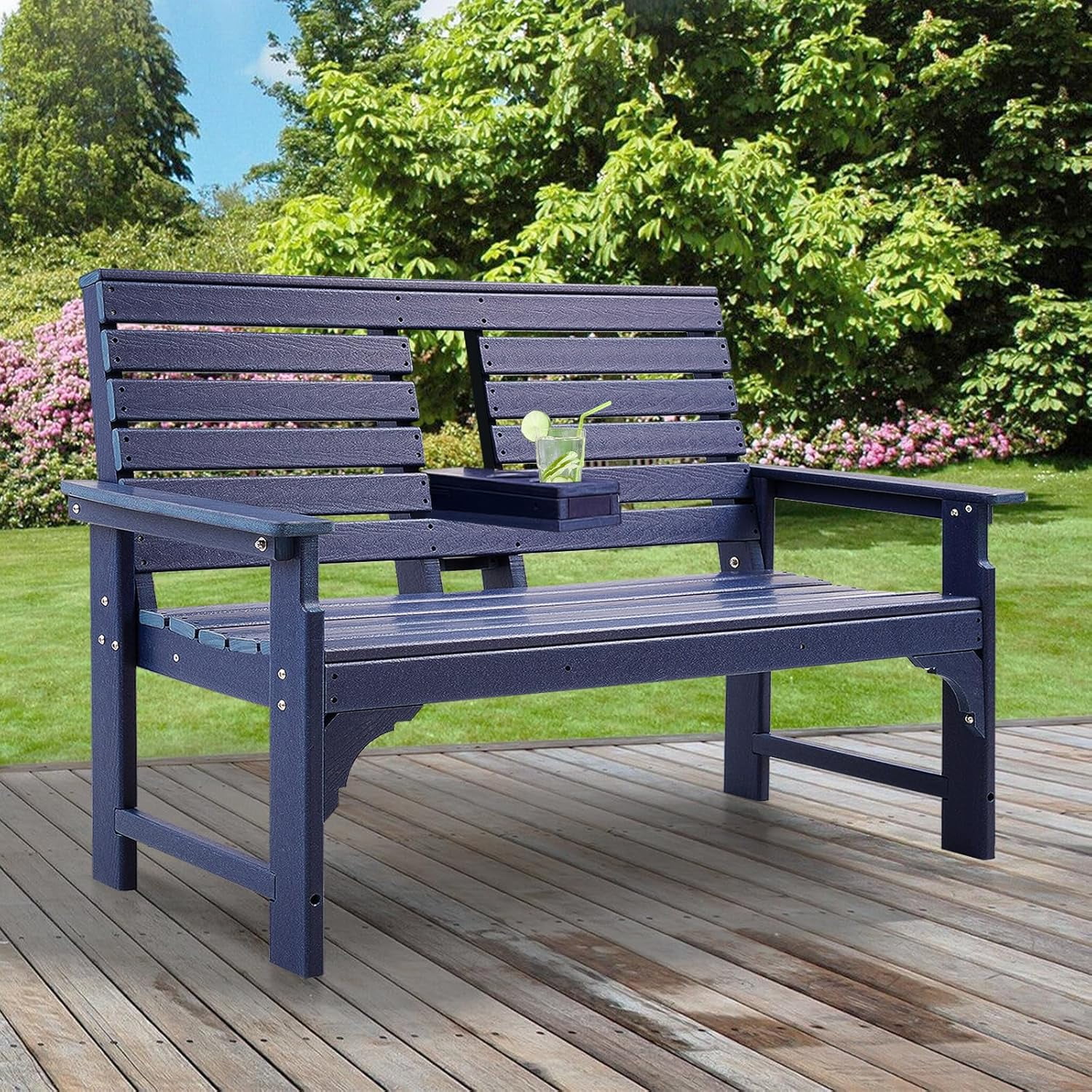 Outdoor Bench Weatherproof - HDPE 2-Person Garden Bench with Cup ...