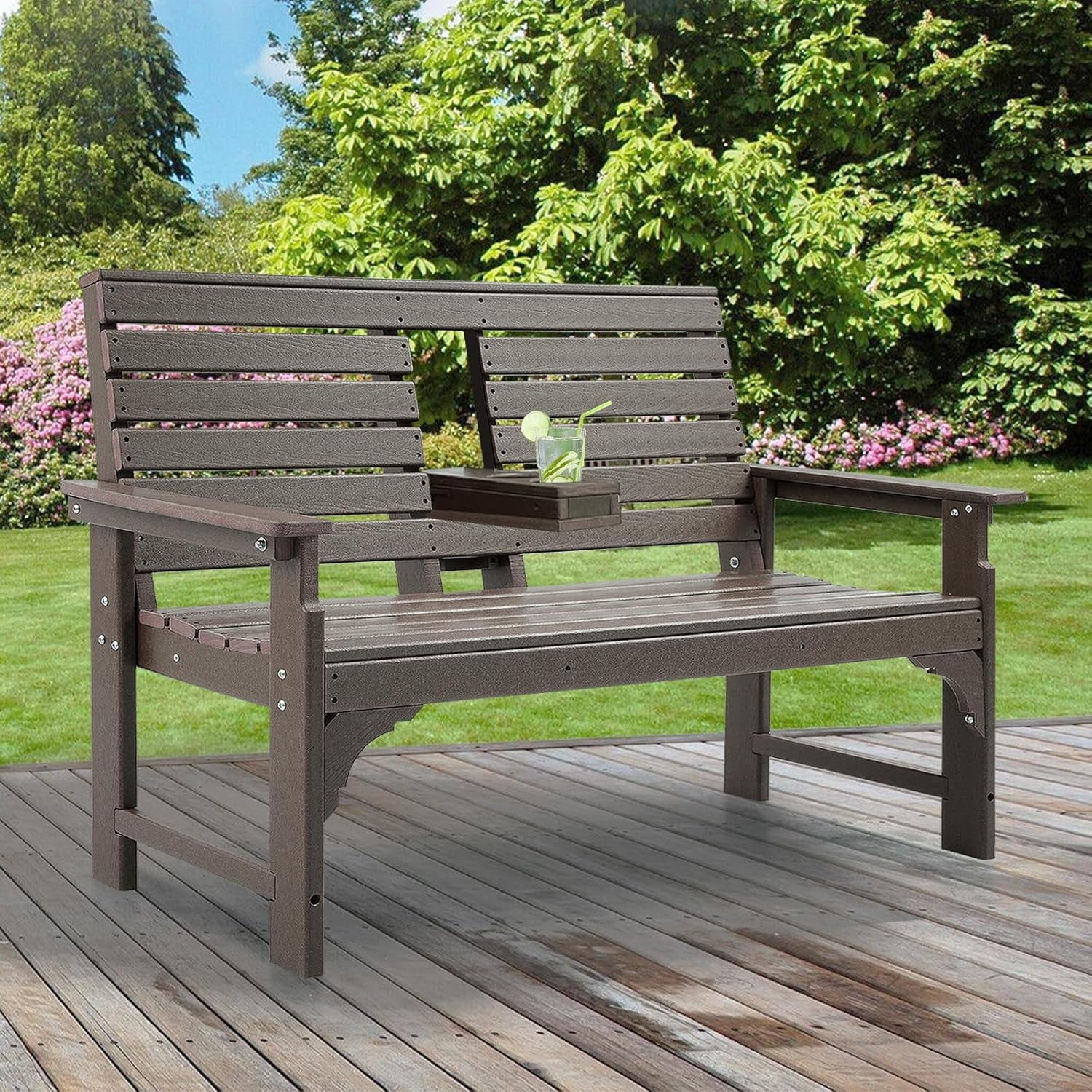 Outdoor Bench Weatherproof - HDPE 2-Person Garden Bench with Cup ...