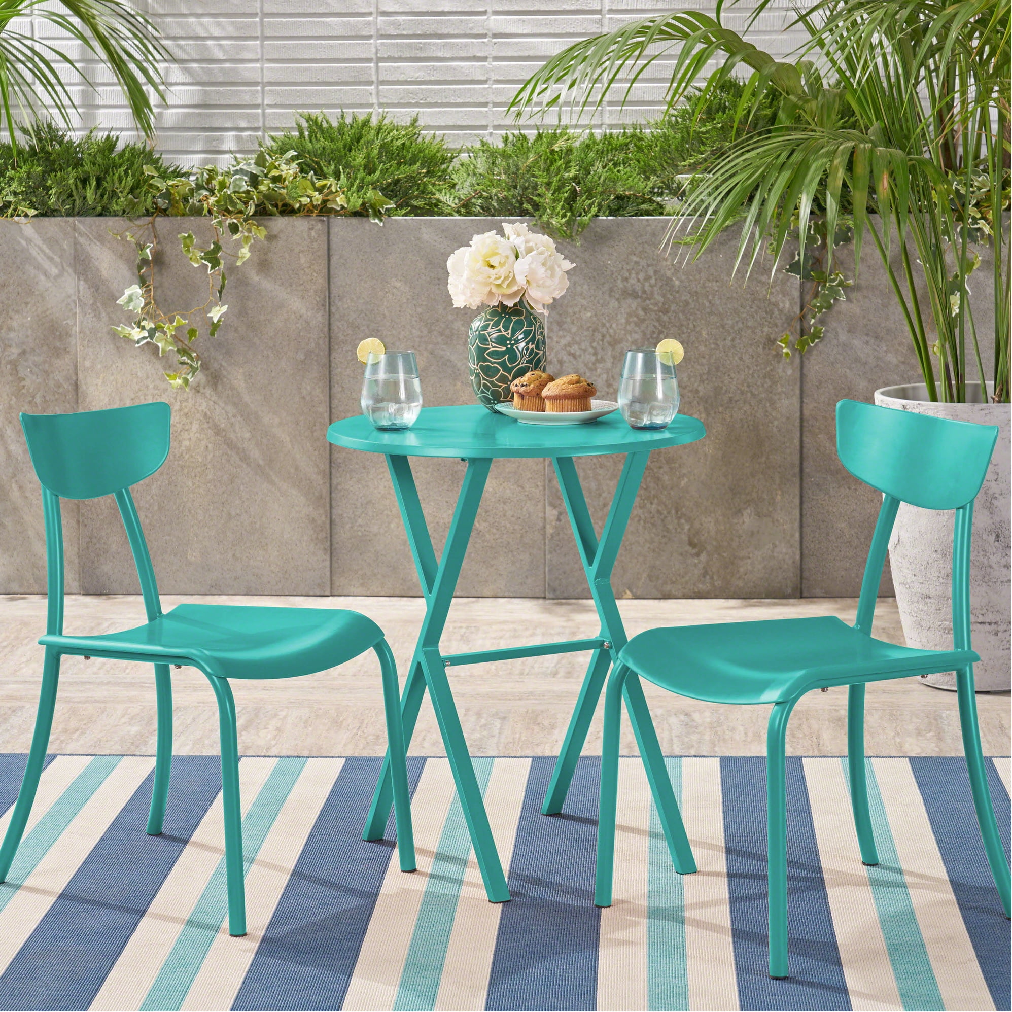 Outdoor Bistro In Teal Iron - 2 Chairs And 1 Table For Backyard, Patio ...