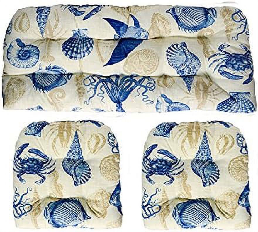 Outdoor Blue, Tan, Ivory Nautical - Fish, Crab, Seashell Pattern Fabric ...