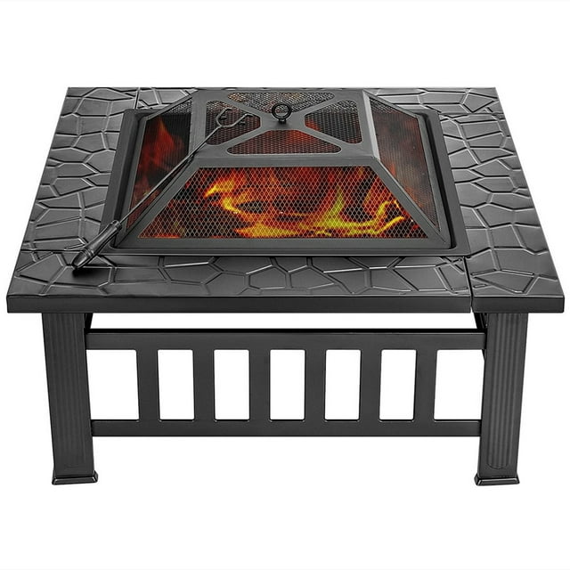 Outdoor Bonfire Pit with Grill Net, 32" Outdoor Square Metal Fire Pit ...