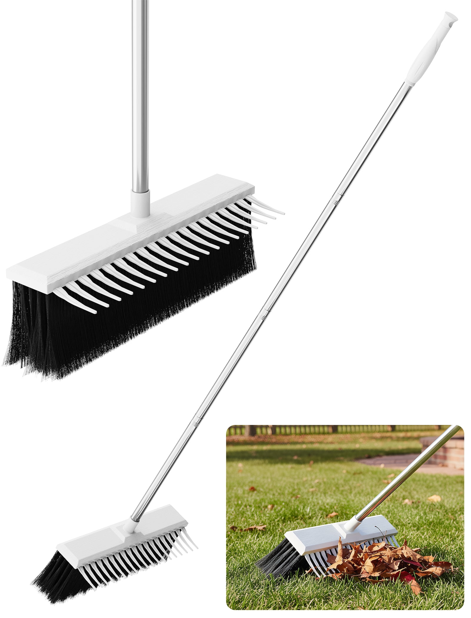 NiHome Outdoor Push Broom with Garden Rake, 2-in-1 16-Inch Dual-Sided ...