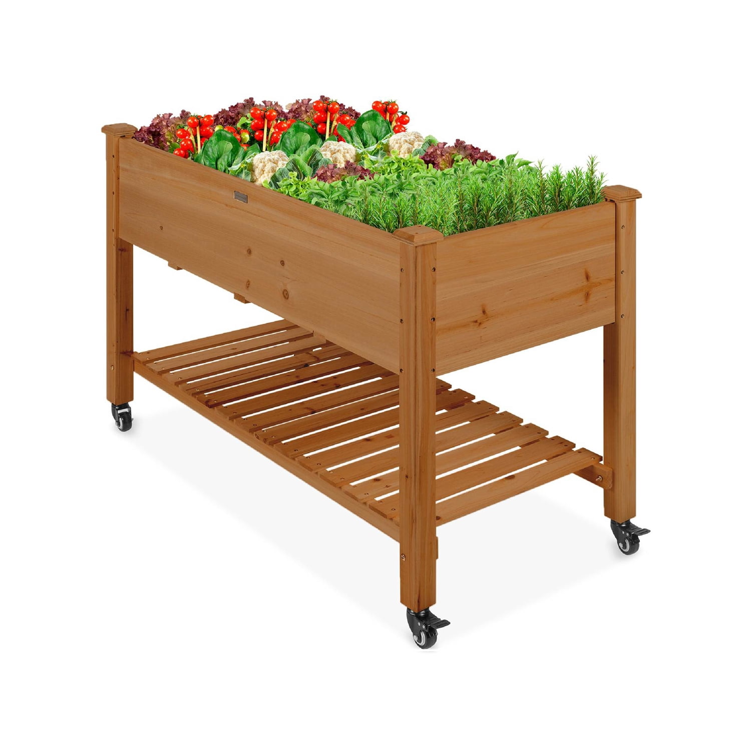 Outdoor Brown Wood Raised Garden Bed Planter Box with Shelf and Locking ...