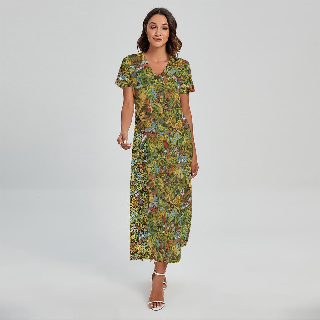 Outdoor Camping Pattern Printed Short Sleeve Maxi Dress, Camper Camping ...