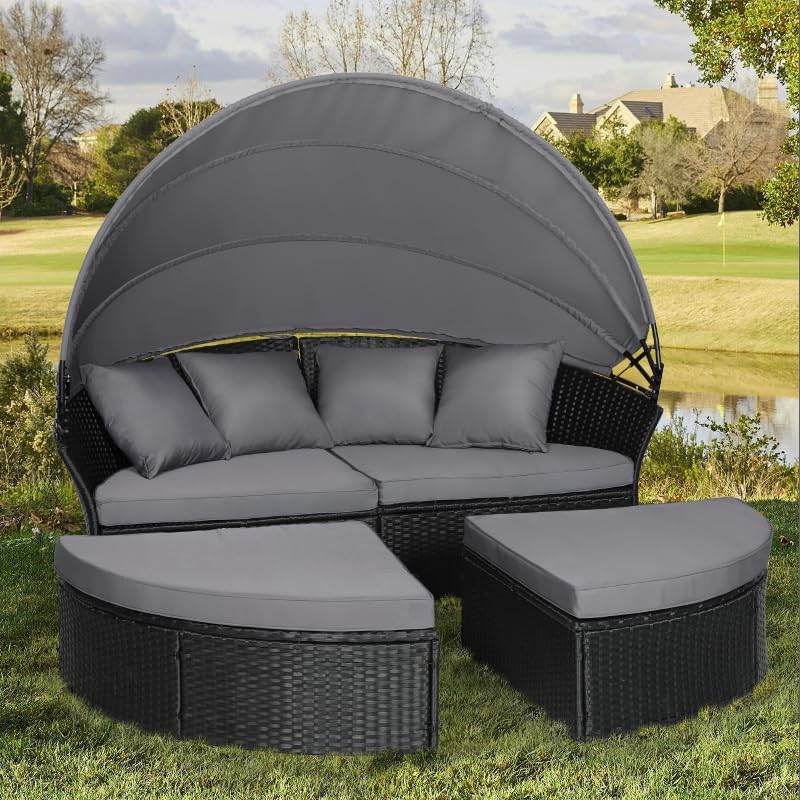 Outdoor Canopy Bed Round Daybed with Washable Cushions, Patio Daybed ...
