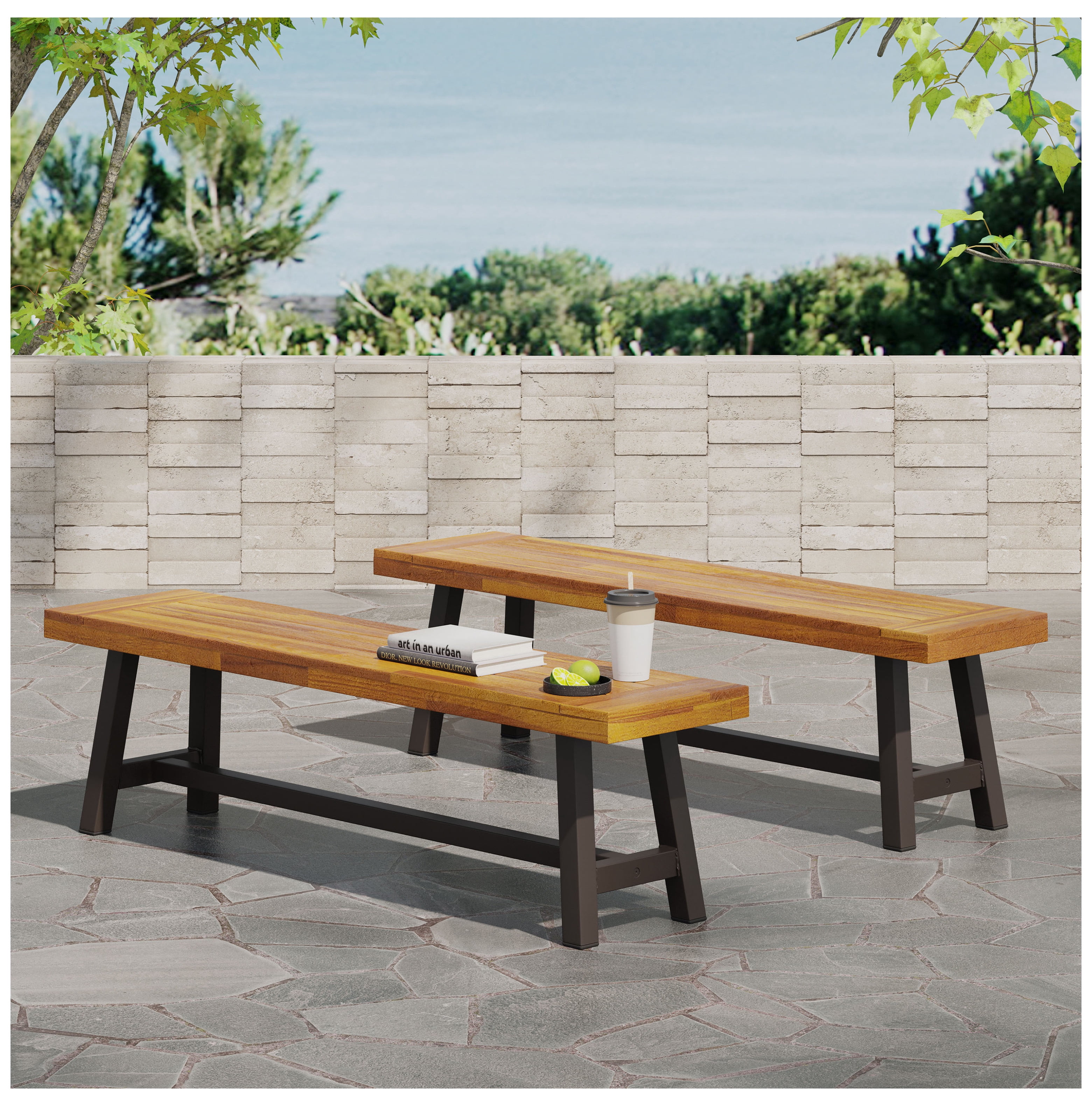Outdoor Carlisle Benches, Sandblasted Brown + Rustic Metal (Set of 2 ...