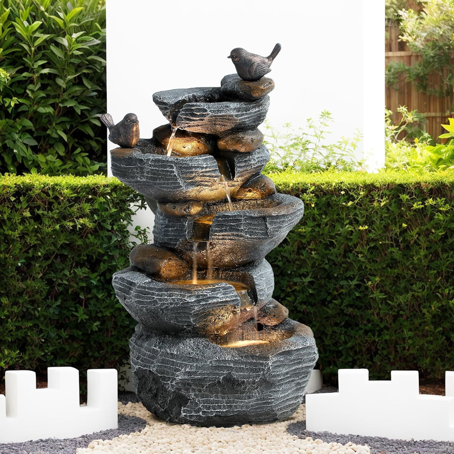 Outdoor Cascading Bird Water Fountain, 5-Tier Floor Natural Looking ...