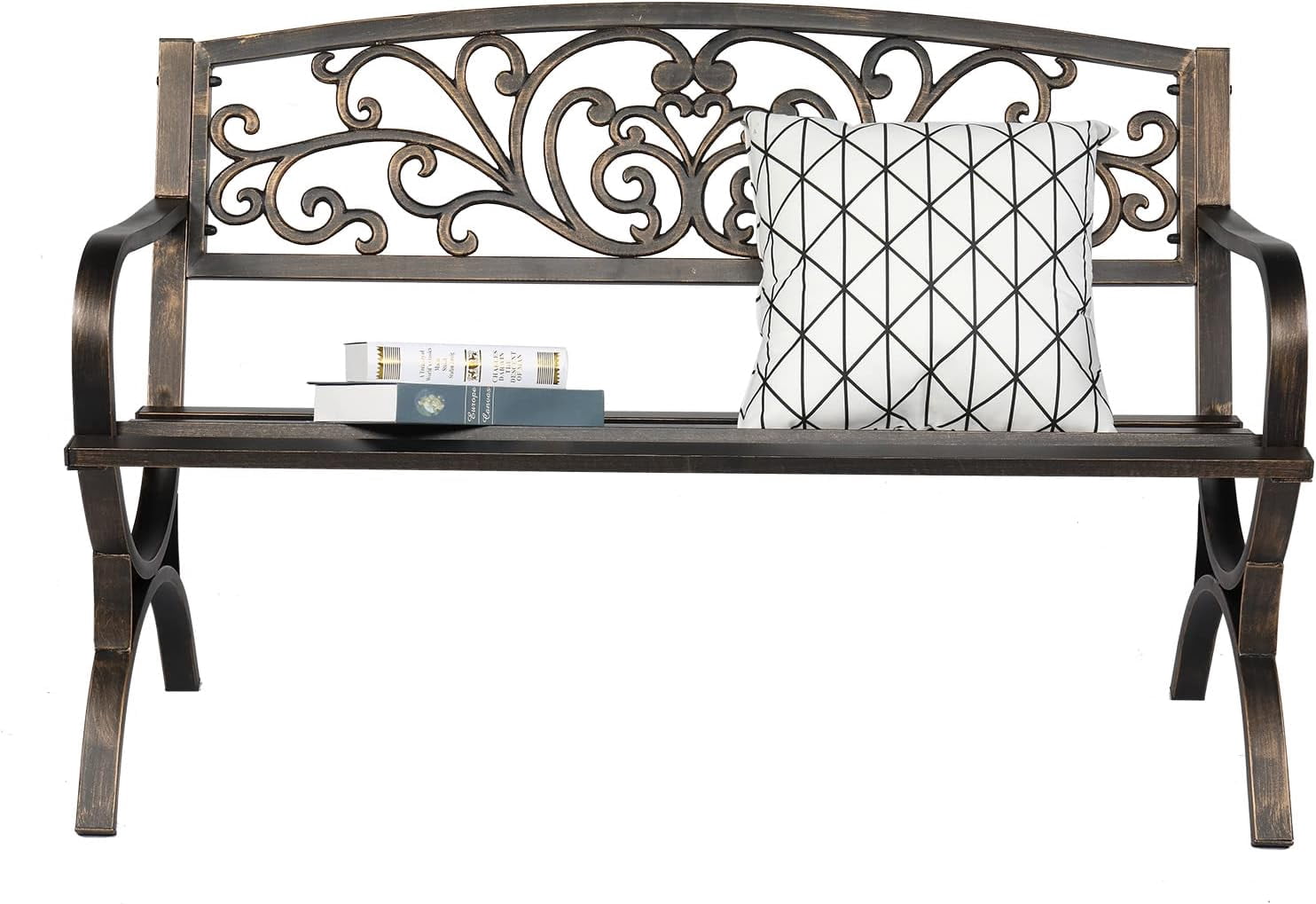 Outdoor Cast Aluminum Patio Bench, Garden Bench with Curved Legs Rose ...