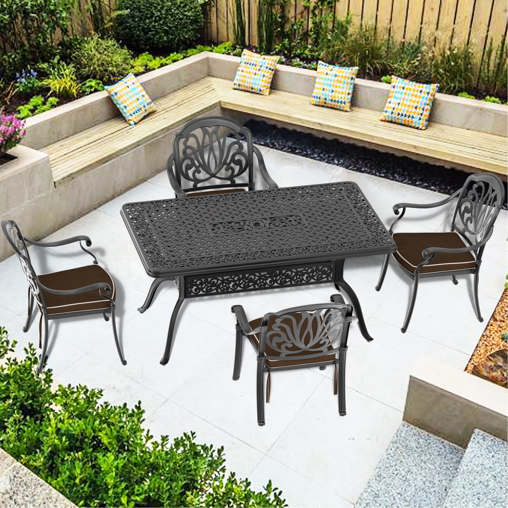 Outdoor Cast Aluminum Patio Furniture With Cushions - Black, Protected, Space Saving, Seats 4 ...