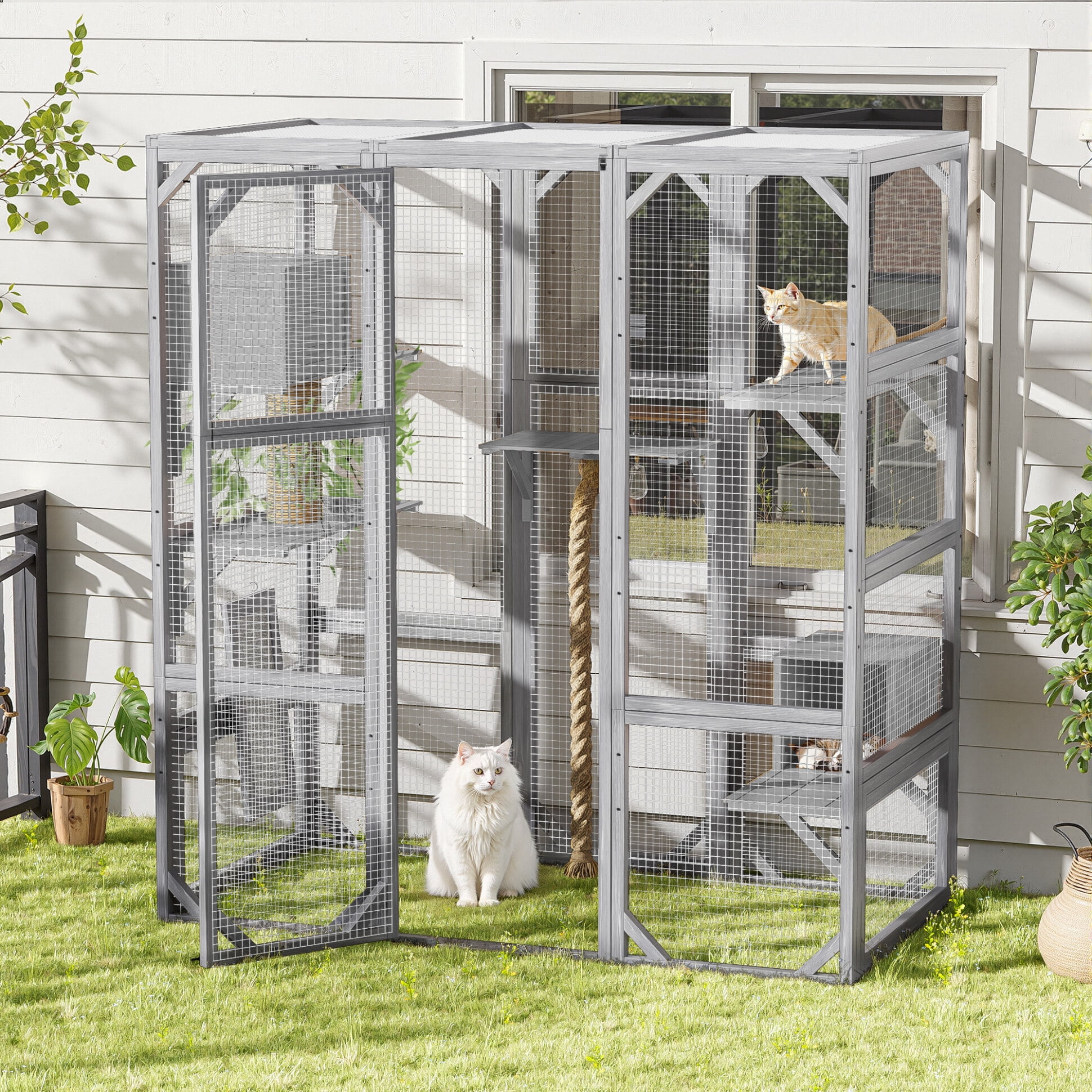Outdoor Cat Catio with 2 Entry Doors & 3 Platforms – Large Wooden Cat ...