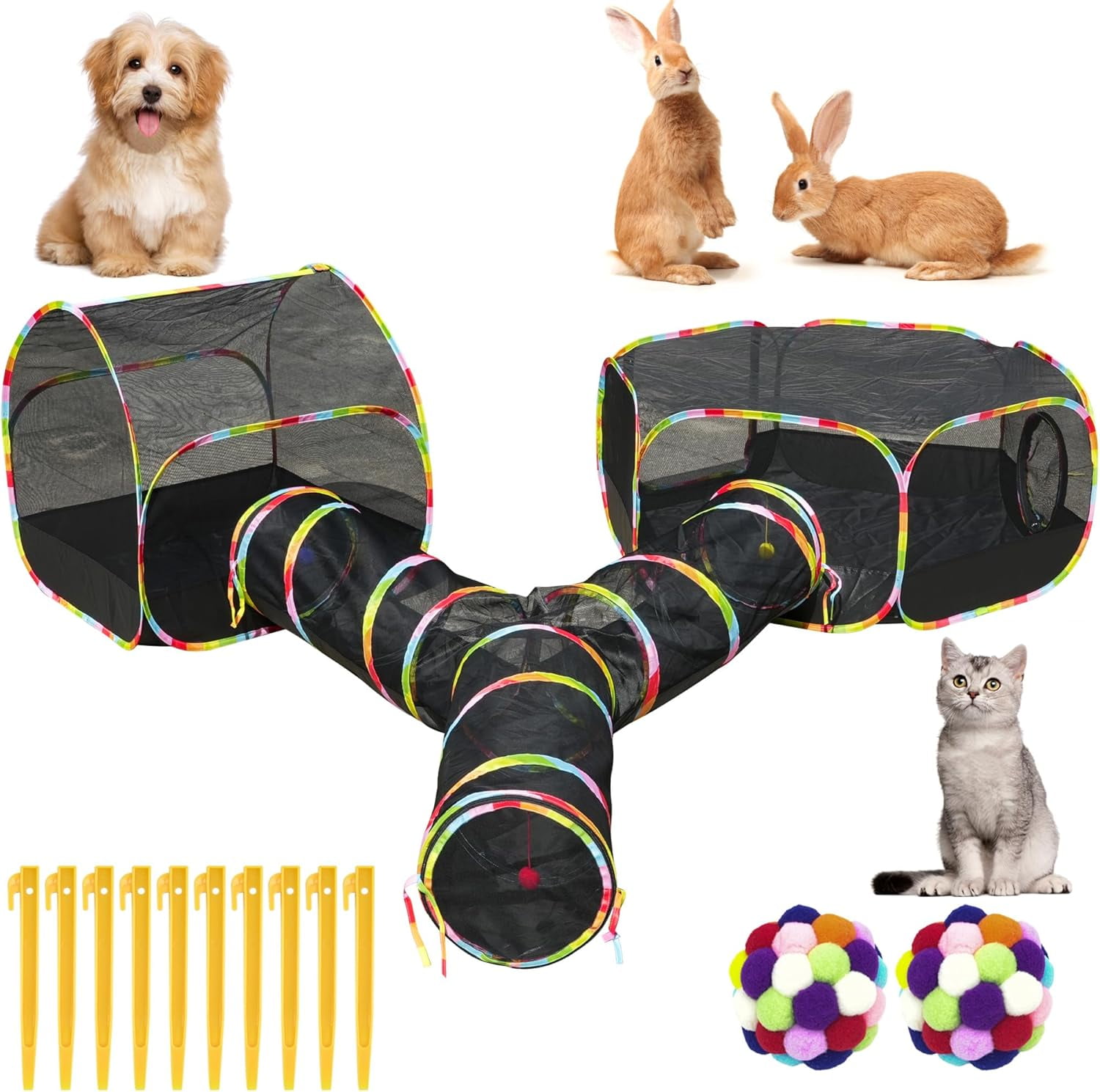 Outdoor Cat Enclosure with Cat Tunnel, Tent, Playhouse and Cat Toy Ball ...