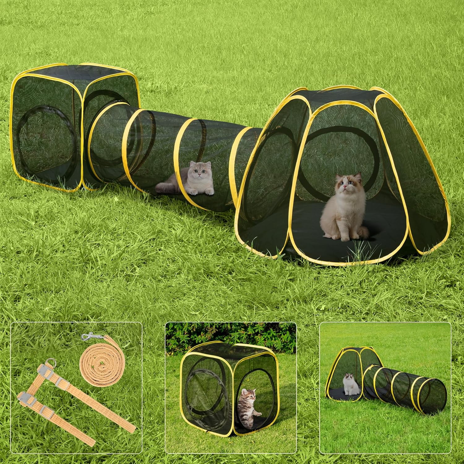 Outdoor Cat Enclosures 3-in-1 Portable Catio w/Cat Tent, Tunnel ...