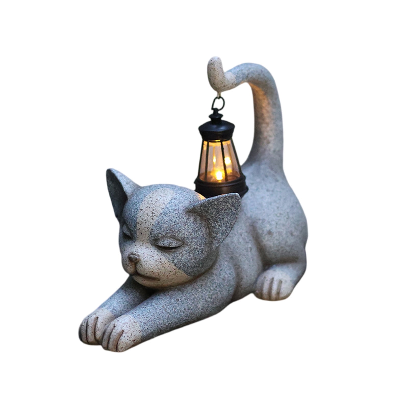 Outdoor Cat Garden Statue with Hanging Lantern, Solar Powered ...