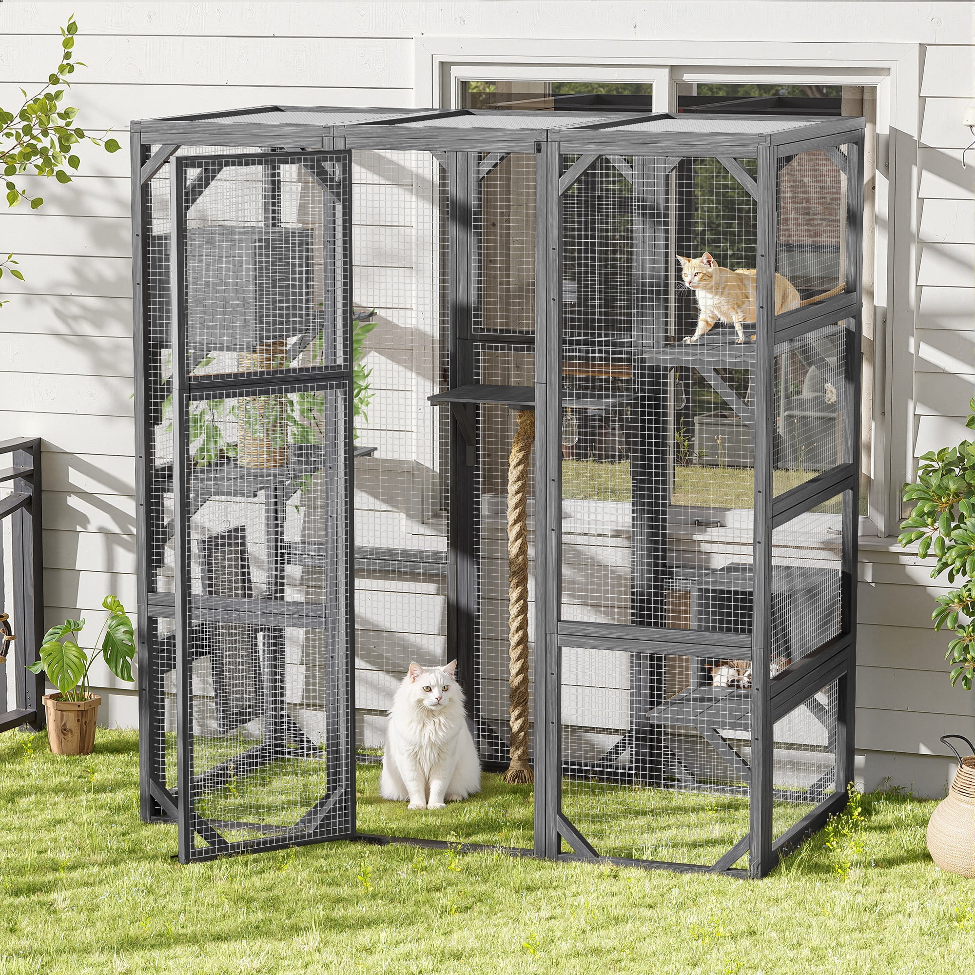 Outdoor Cat House, DIY Cat Enclosure, Cat Catio with Double Enter Doors, 62.8"L x 32.2"W x68.5"H ...
